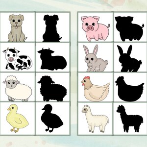 24 Farm Animal Matching Shadow Card Game | Matching Activities ...