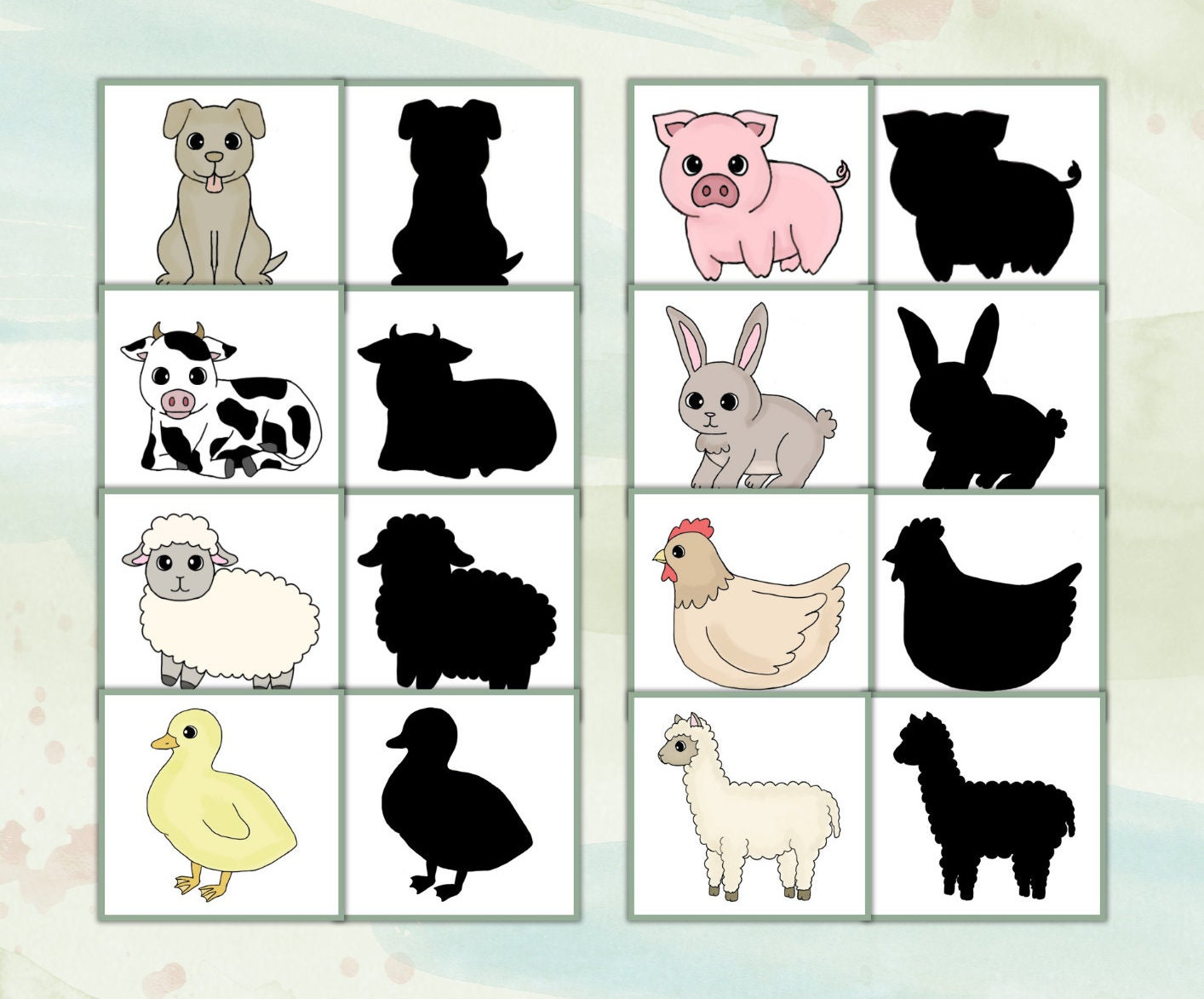 24 Farm Animal Matching Shadow Card Game | Matching Activities ...