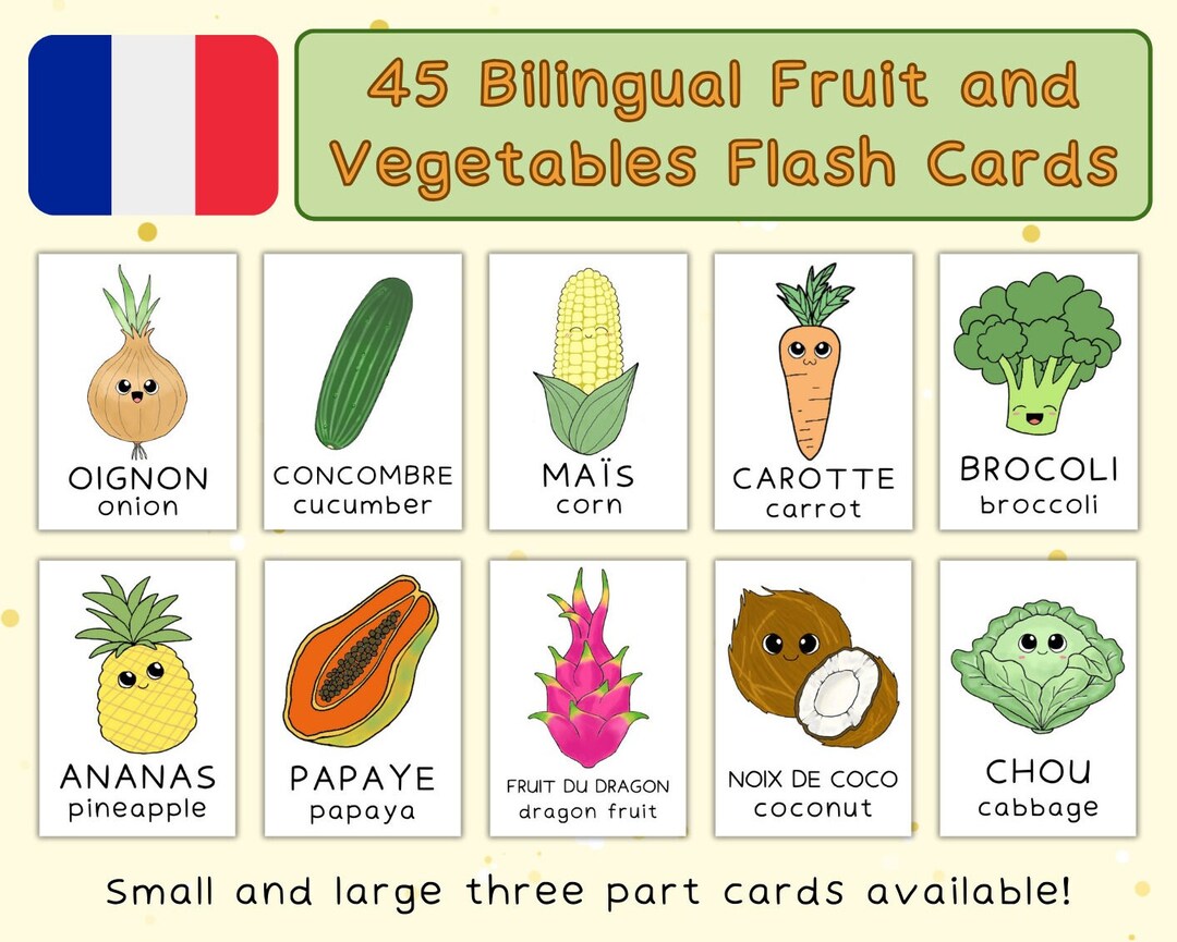 45 French and English Bilingual Fruits and Vegetables Flash Cards ...