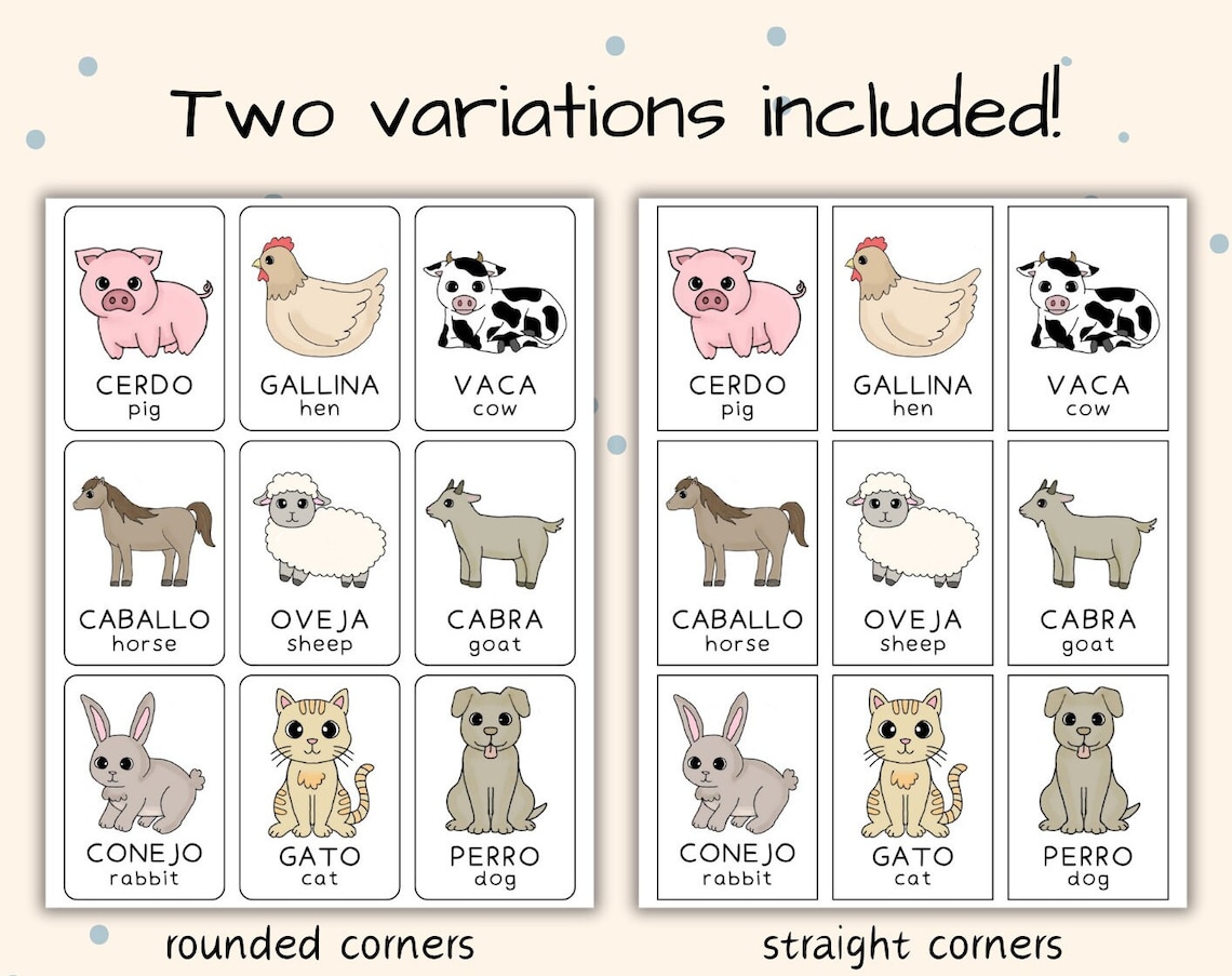 24 Spanish and English Bilingual Farm Animals Flashcards | Preschool ...