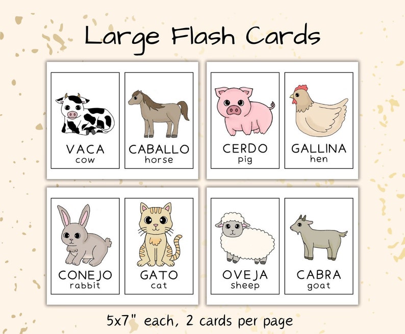 24 Spanish and English Bilingual Farm Animals Flashcards | Preschool ...