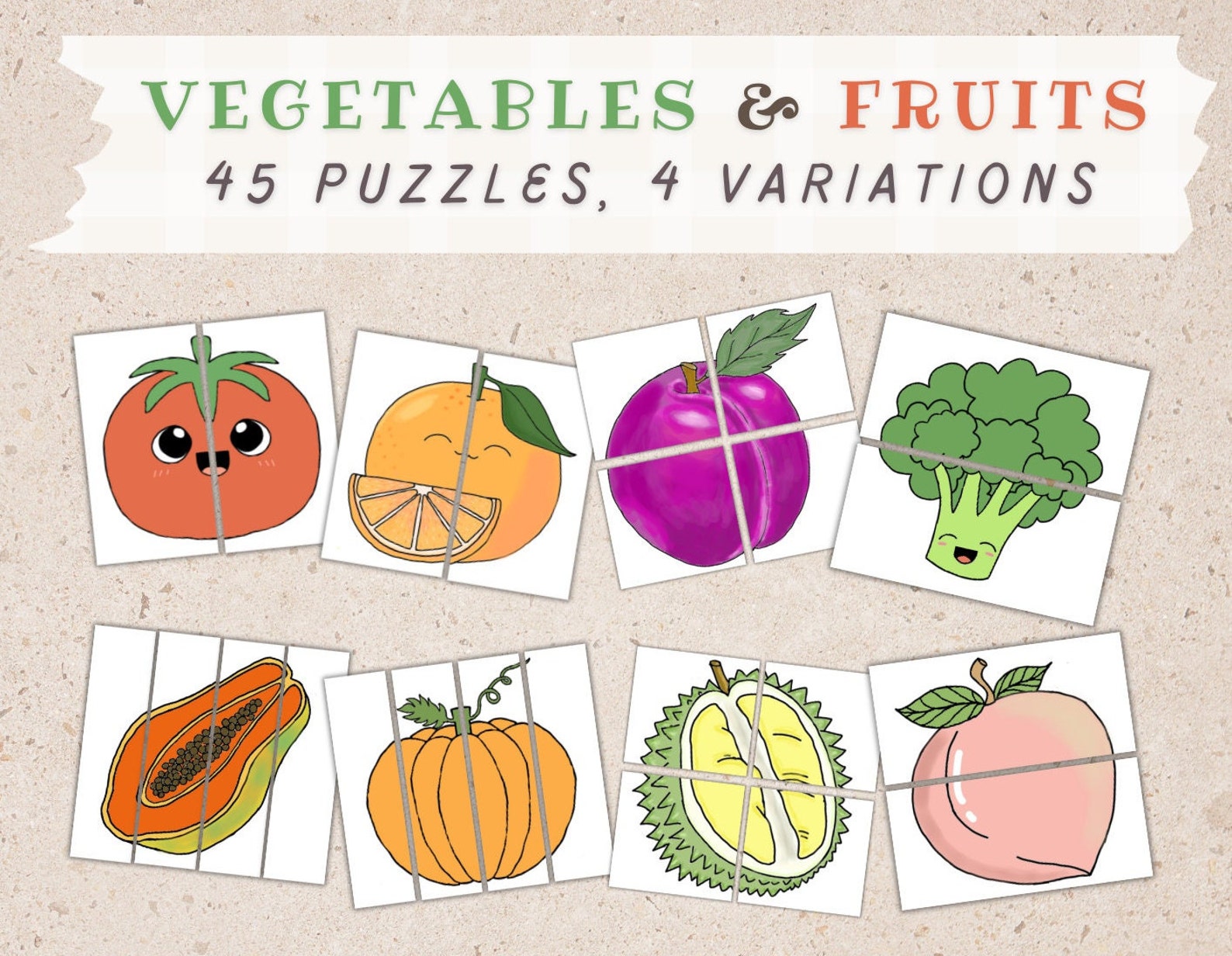 45 Fruits and Vegetables Puzzles | Preschool Matching Card | Montessori ...