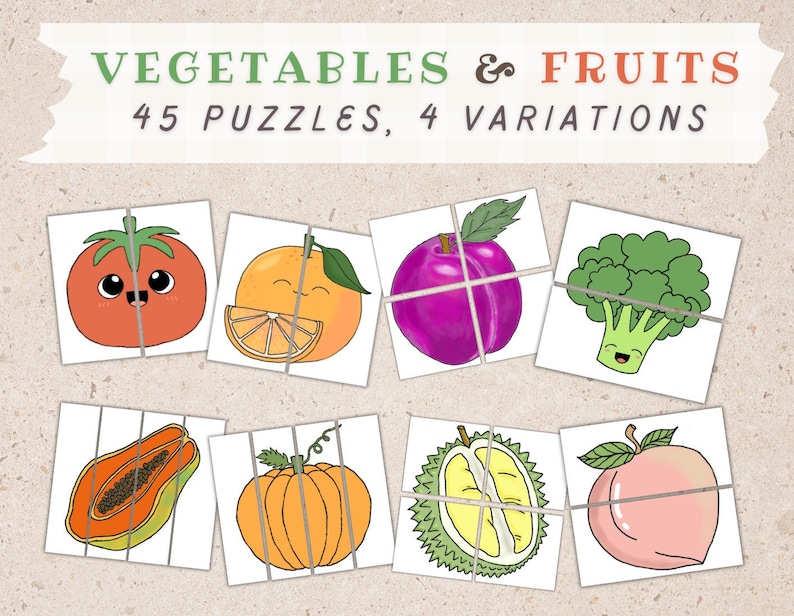 45 Fruits and Vegetables Puzzles | Preschool Matching Card | Montessori ...