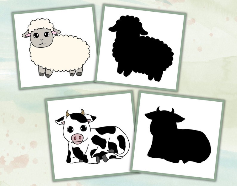24 Farm Animal Matching Shadow Card Game | Matching Activities ...