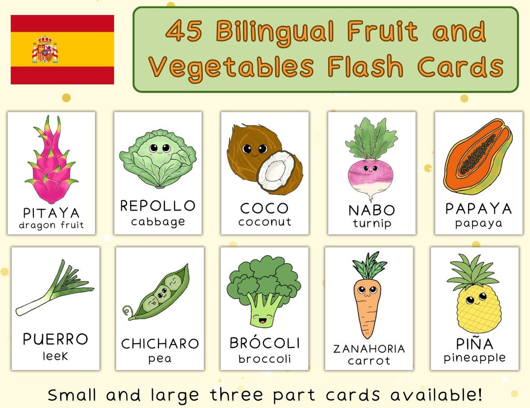 45 Spanish and English Bilingual Fruits and Vegetables Flash Cards ...