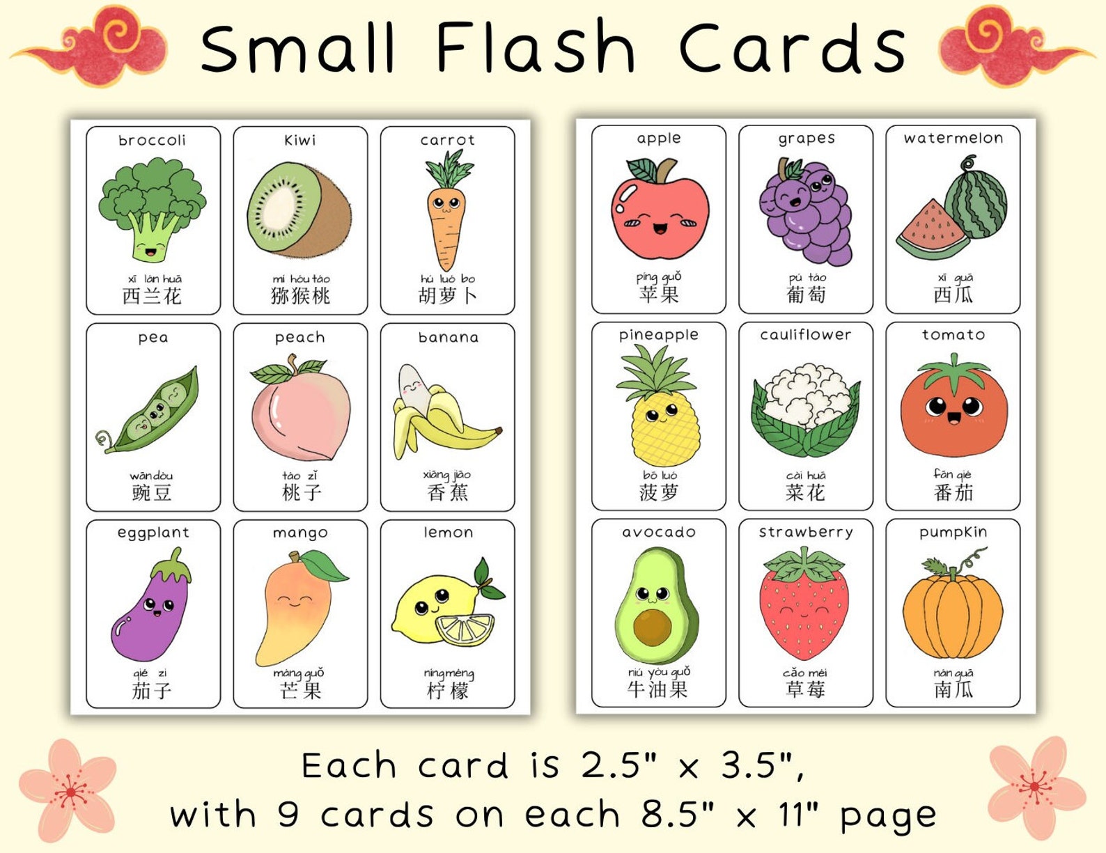 45 Mandarin and English Bilingual Fruits and Vegetables Flash Cards ...