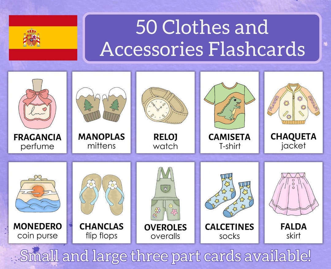 50 Spanish and English Bilingual Clothes and Accessories Flashcards ...