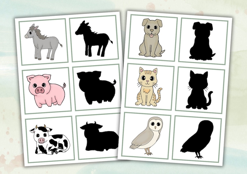 24 Farm Animal Matching Shadow Card Game | Matching Activities ...