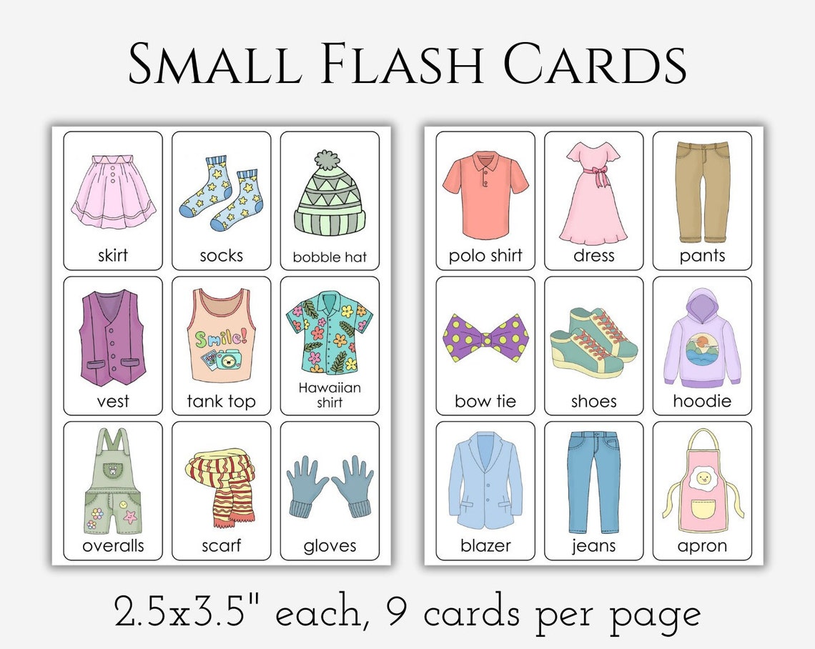 50 Clothes and Accessories Flashcards Montessori Toddler Flash Cards ...
