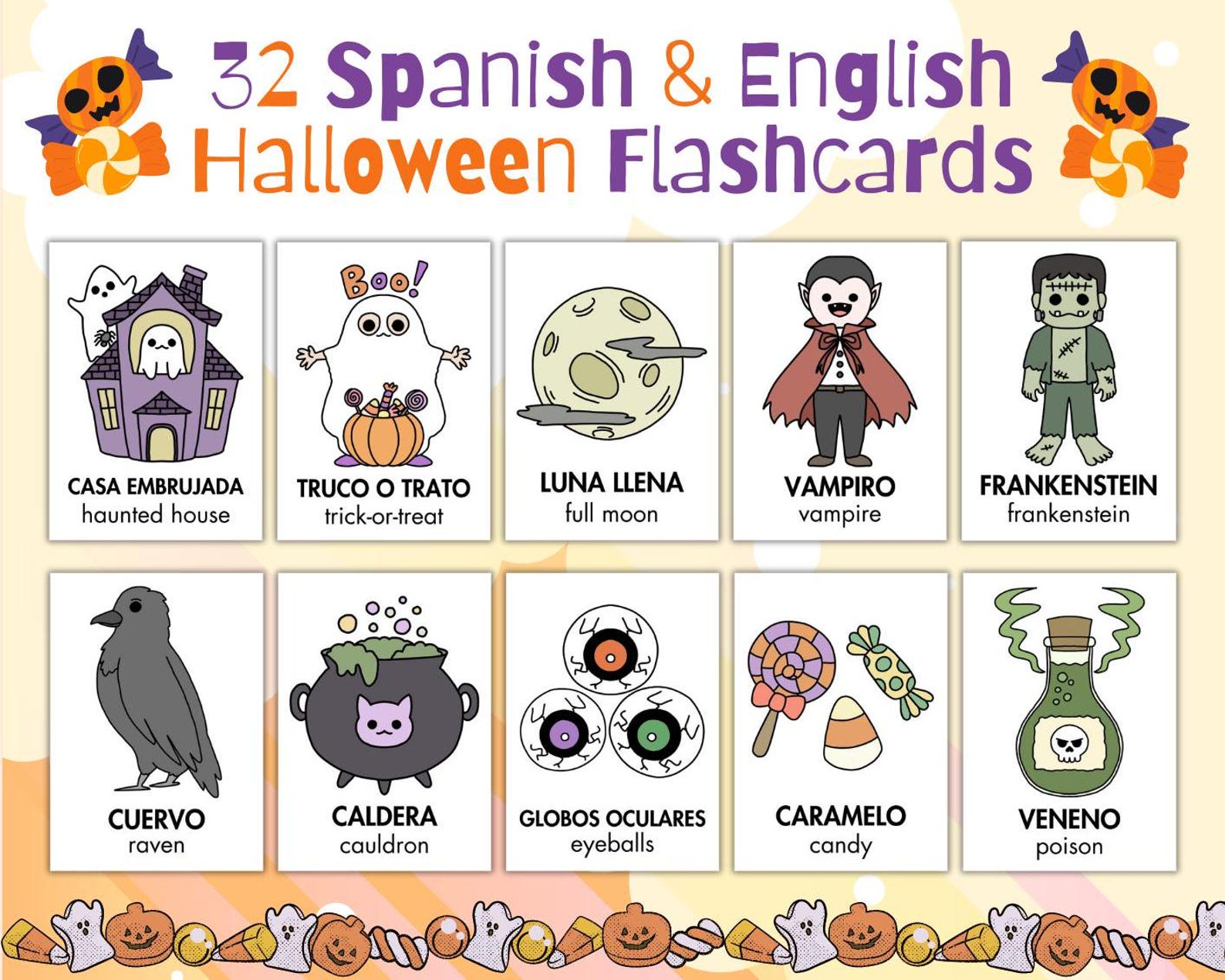 32 Spanish and English Bilingual Halloween Flashcards | Preschool ...