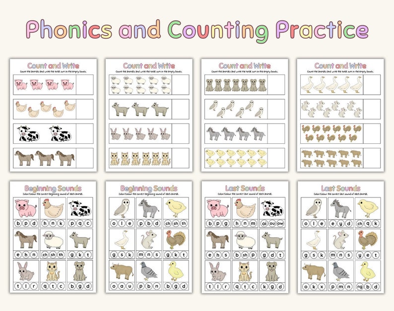 Farm Animals Workbook Preschool Homeschool Worksheets Alphabets ...