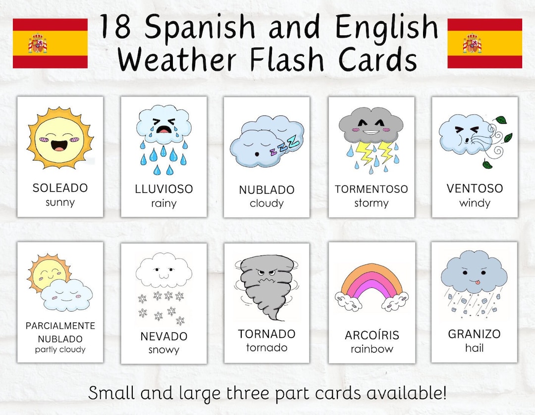 Spanish and English Weather Flash Cards | Bilingual Weather Toddler ...