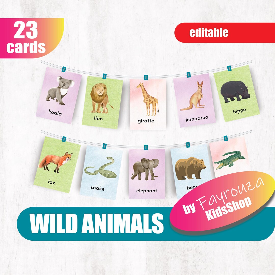 Watercolor Wild Animals Flashcards - Etsy