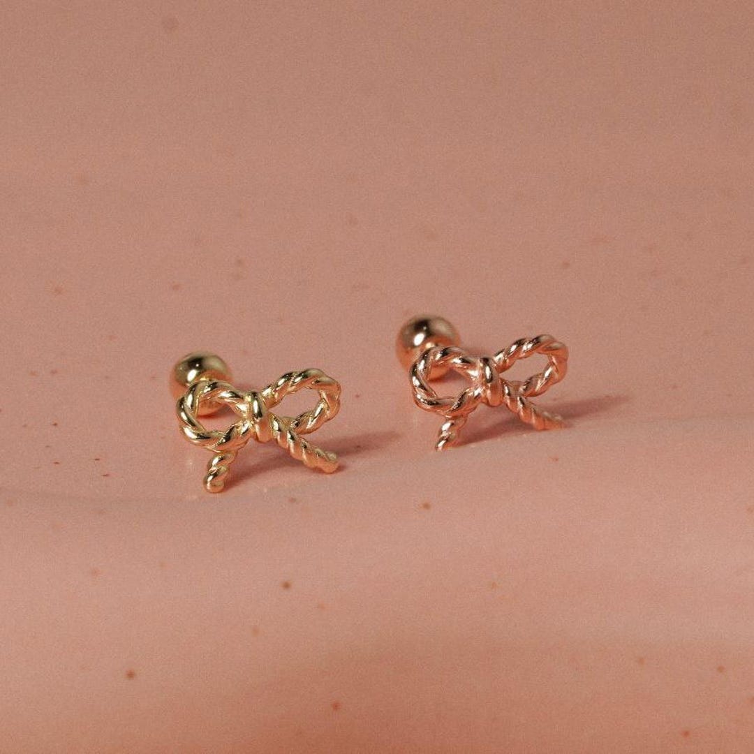14K Solid Gold Twisted Rope Bow Piercing Dainty Minimalist Cartilage ...