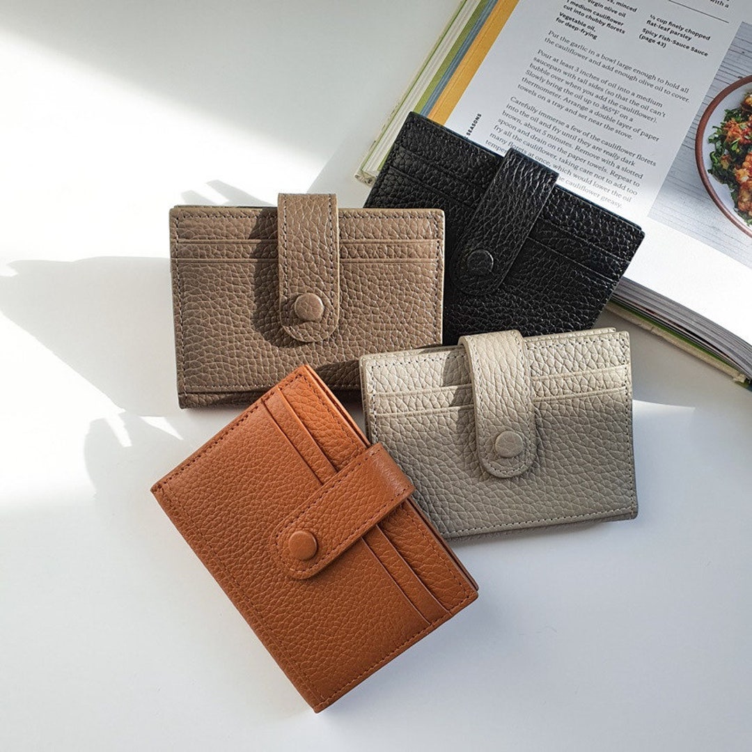 Real Leather Minimalist Small Button Card Wallet Card Holder Sleeve ...