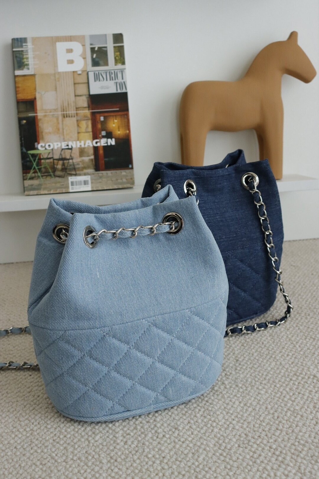 Women's Quilted Denim Bucket Bag Denim Drawstring Shoulder Bag Everyday ...
