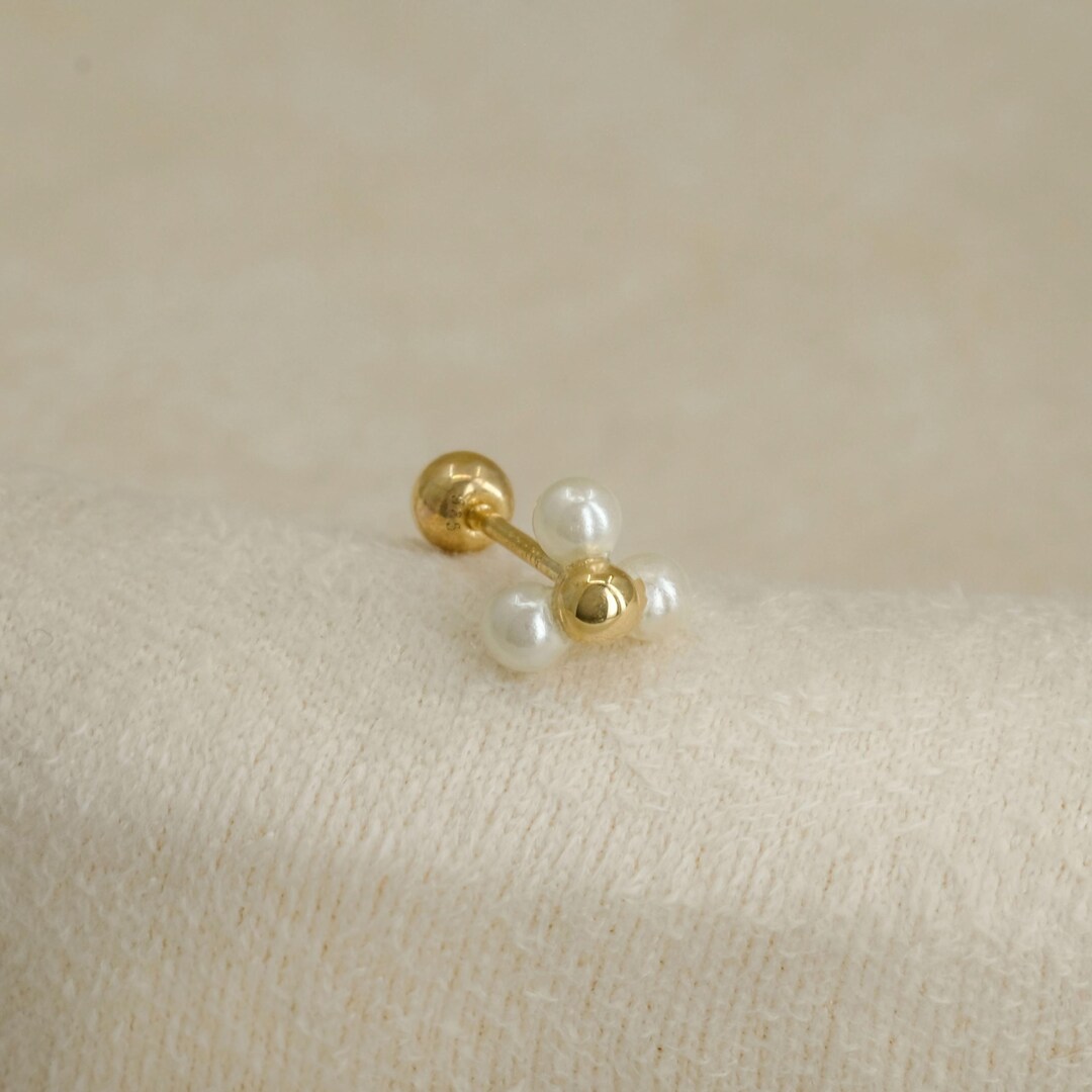 14K Gold Pearl Trinity Piercing Minimal Pearl Cartilage Piercing Helix ...