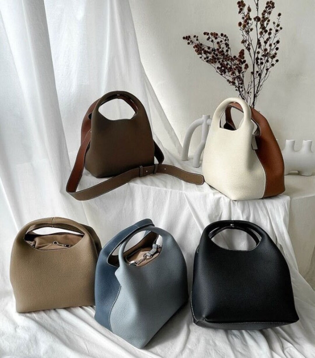 Round Tote Multi Color Bag With Pouch Two-tone Accent Tote Bag Brown ...
