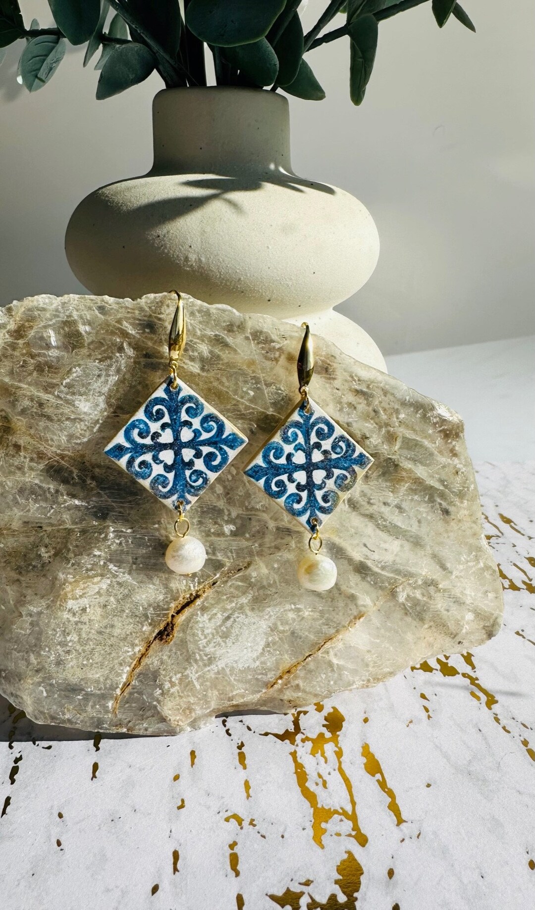 The Goddess Mediterranean Tile With Freshwater Pearls Dangle Handmade ...