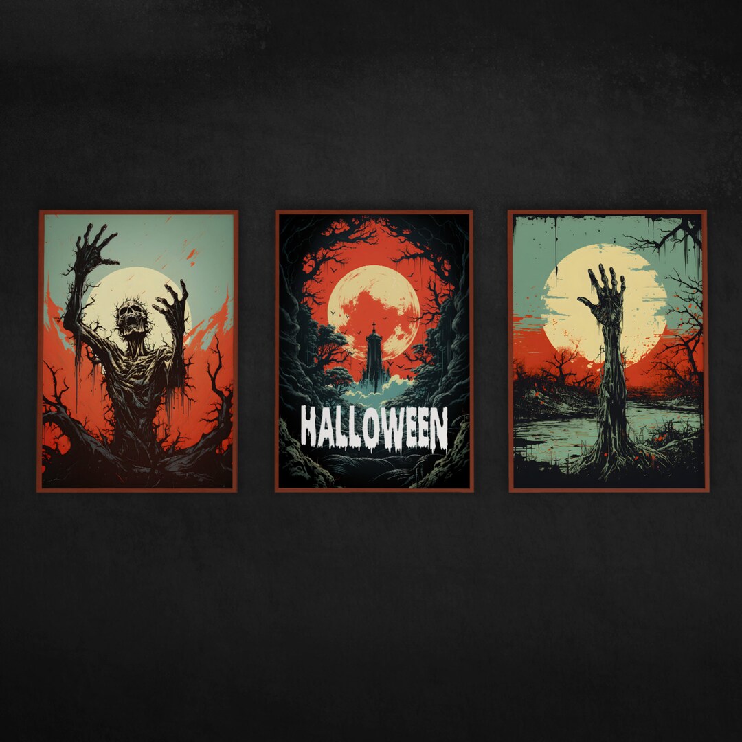 Retro Zombie Posters Set 3 Wall Art Spooky Vintage Wall - Etsy
