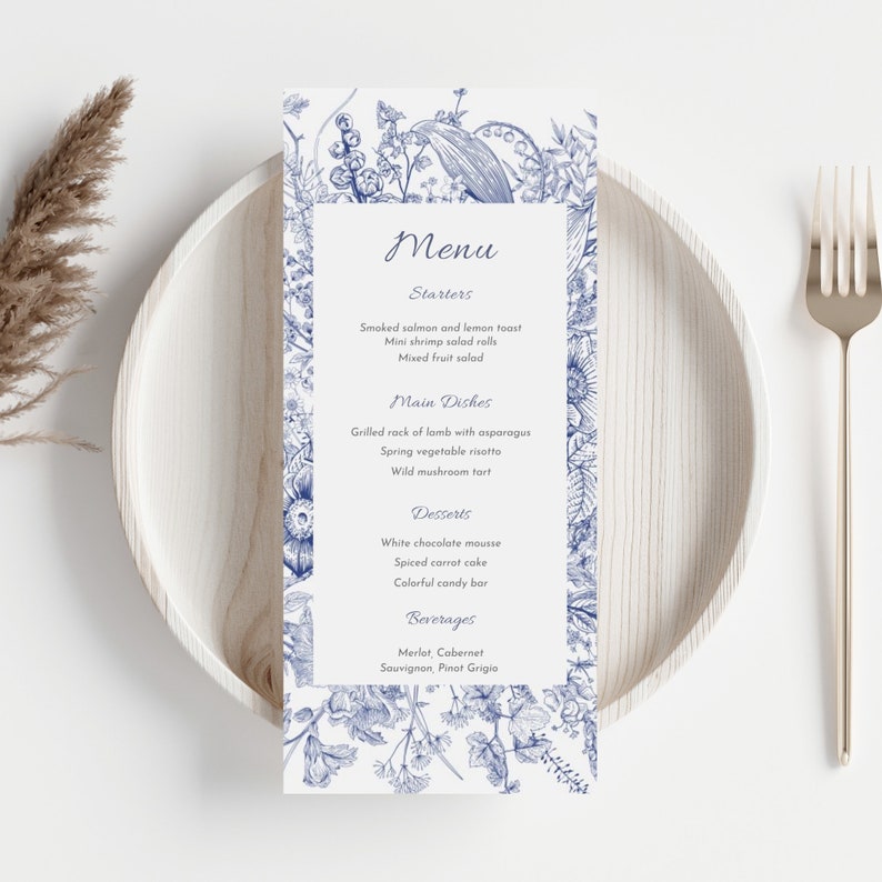Printable Dinner Menu Card Template Vintage Blue Floral Menu Bridal ...