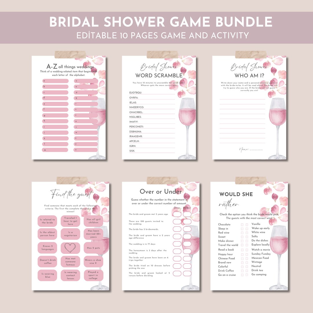 10 Bridal Shower Games Pack Printable Bridal Shower Activity Bundle ...