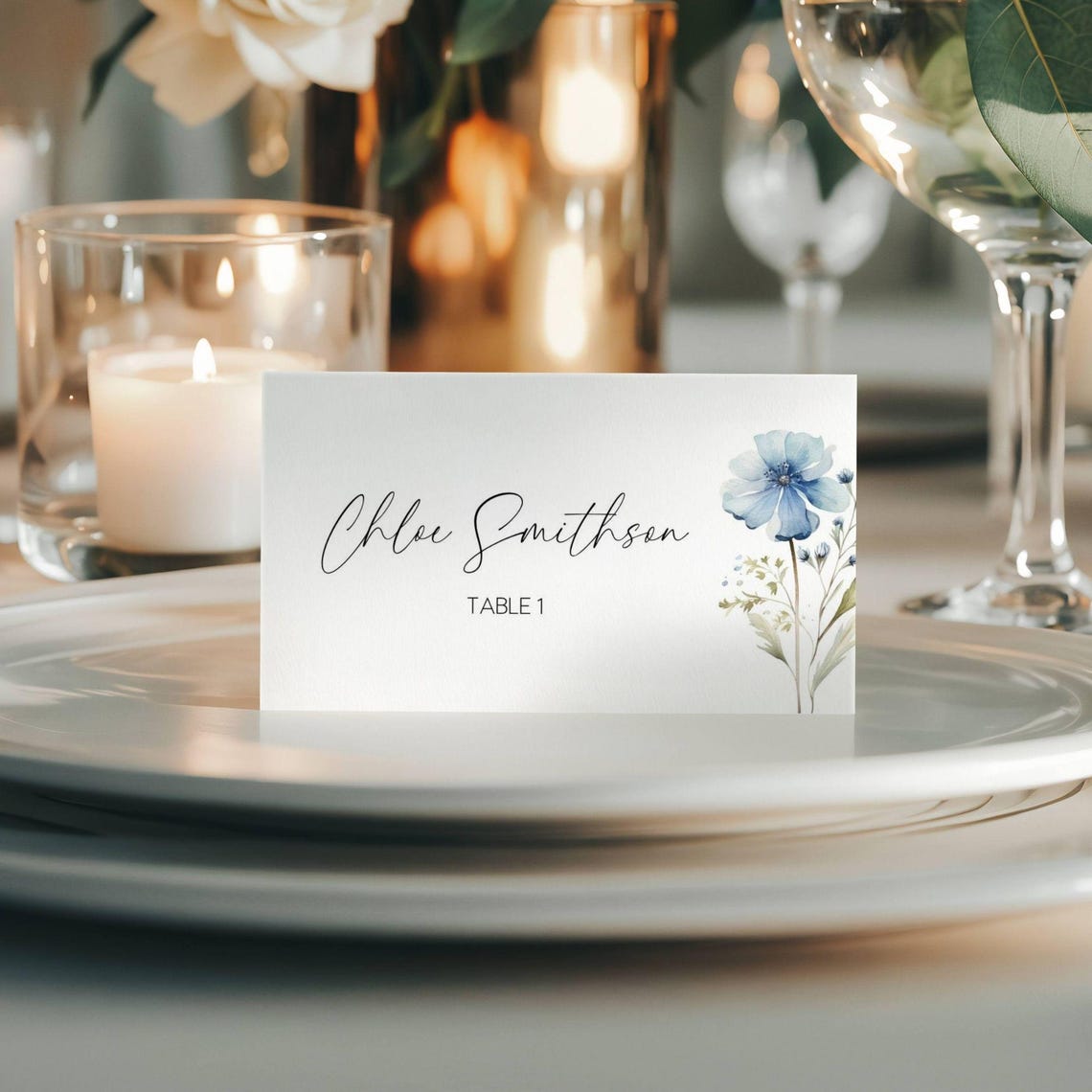 Blue Floral Place Card Template - Watercolor Name Card Editable Canva ...