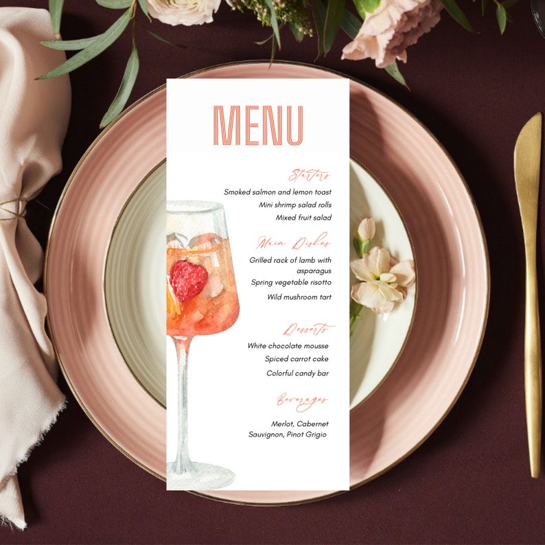 Printable Dinner Menu Card Template Love at First Spritz Menu Bridal ...