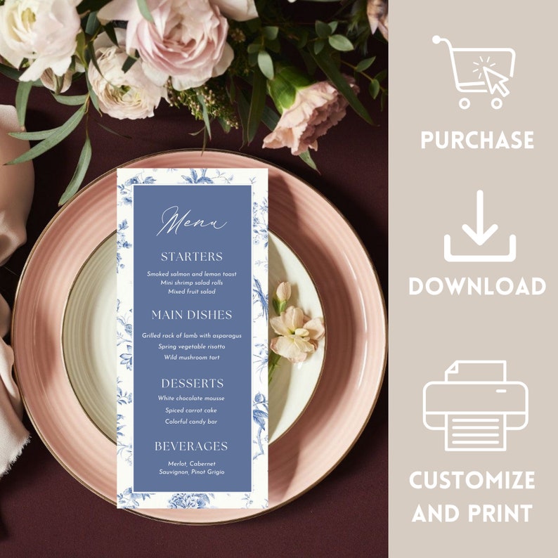 Printable Dinner Menu Card Template Vintage Blue Floral Menu Bridal ...