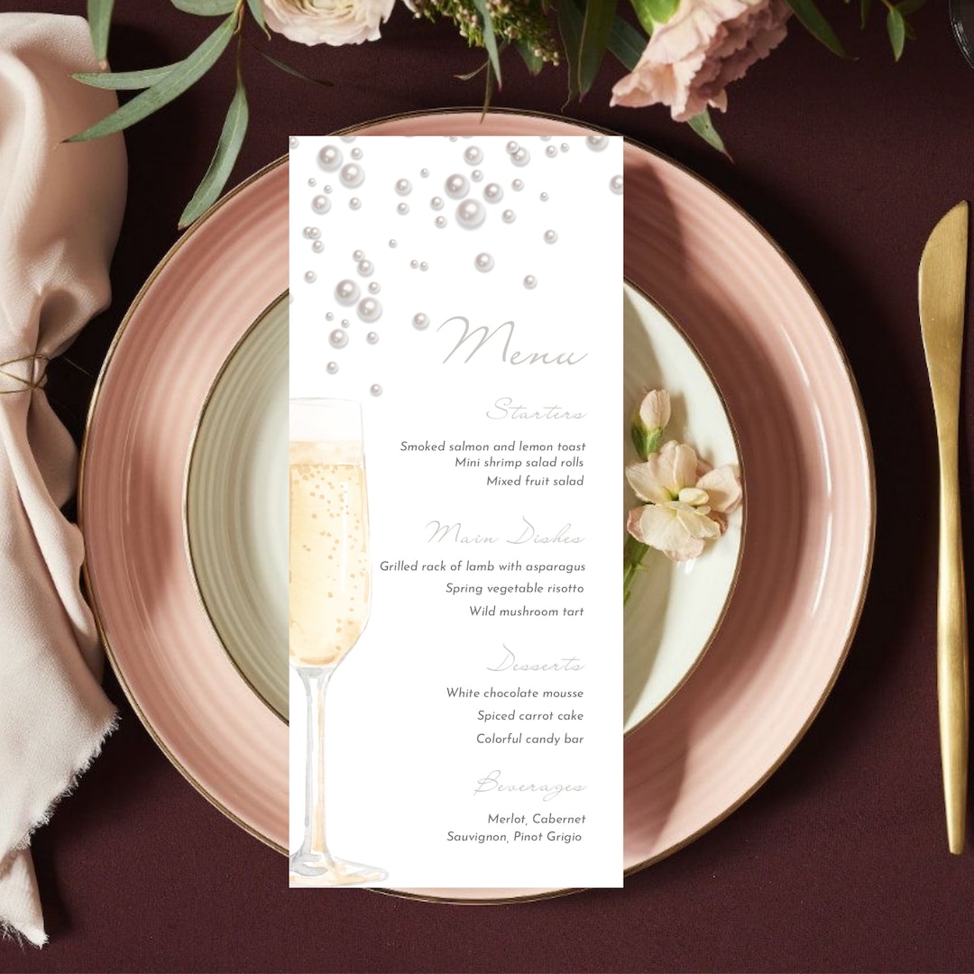 Pearls and Prosecco Menu Card Template Minimal Pearls and Prosecco ...