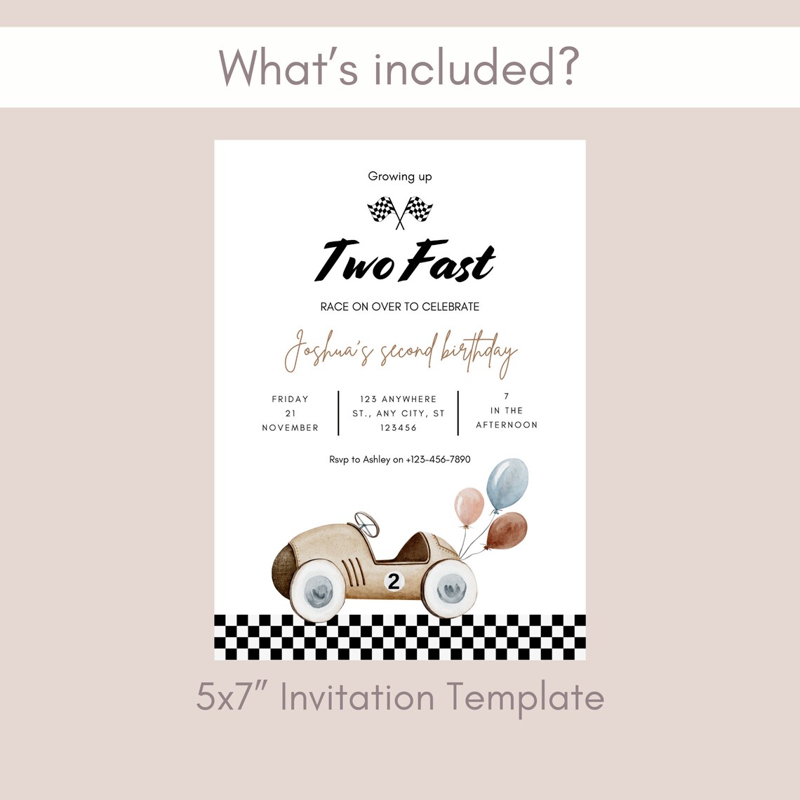 Two Fast Birthday Invitation Template Printable Second Birthday Card ...
