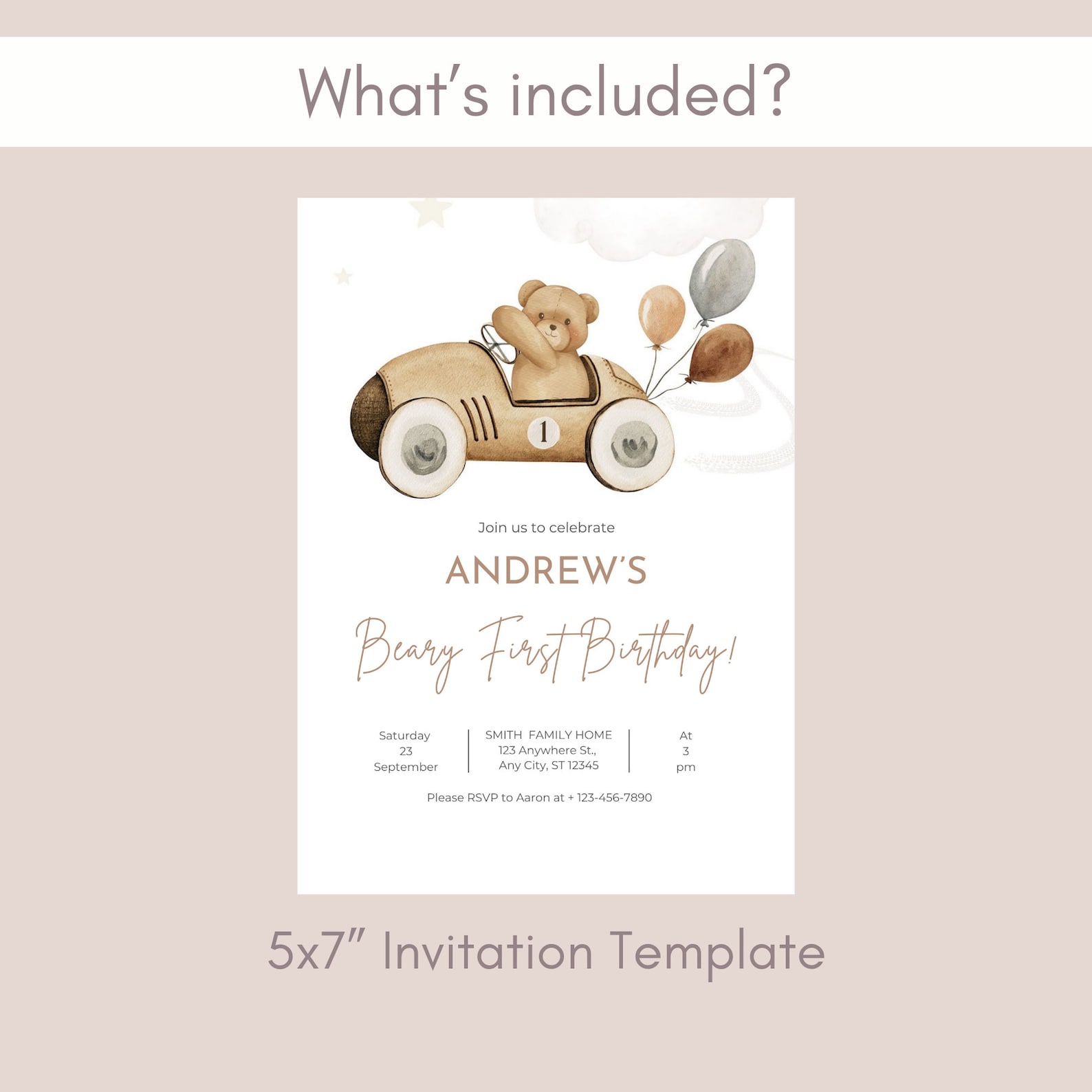 Beary First Birthday Invitation Template Printable Neutral Bear Invite ...