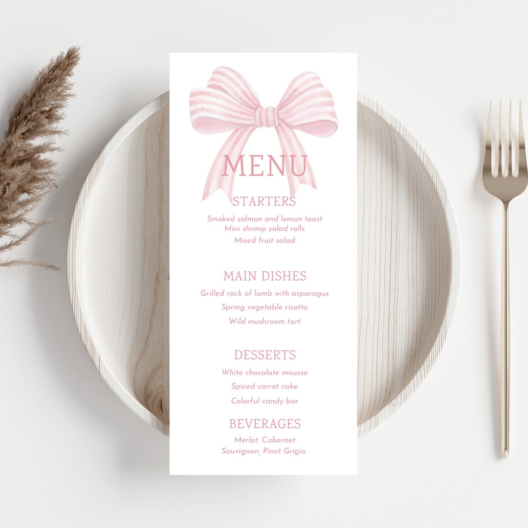 Printable Dinner Menu Card Template Pink Bow Menu Bridal Shower Table ...