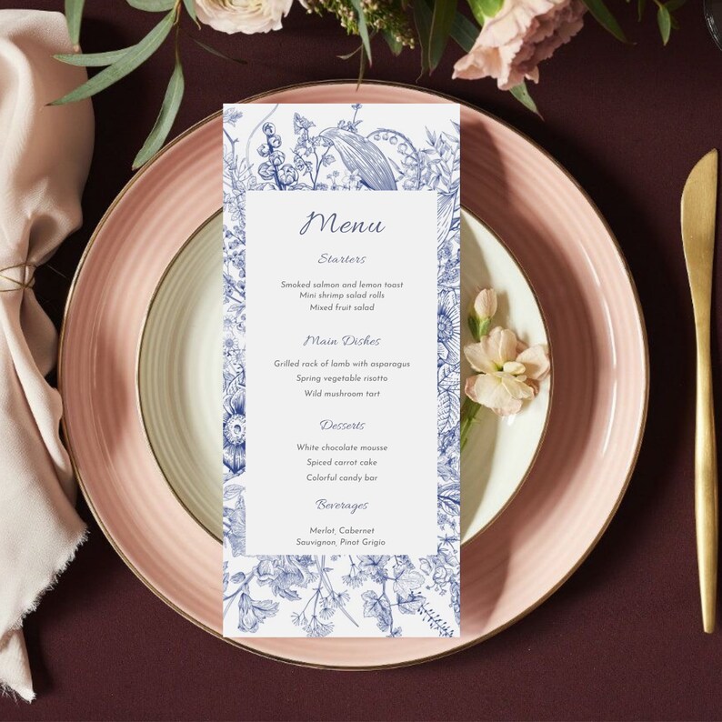 Printable Dinner Menu Card Template Vintage Blue Floral Menu Bridal ...