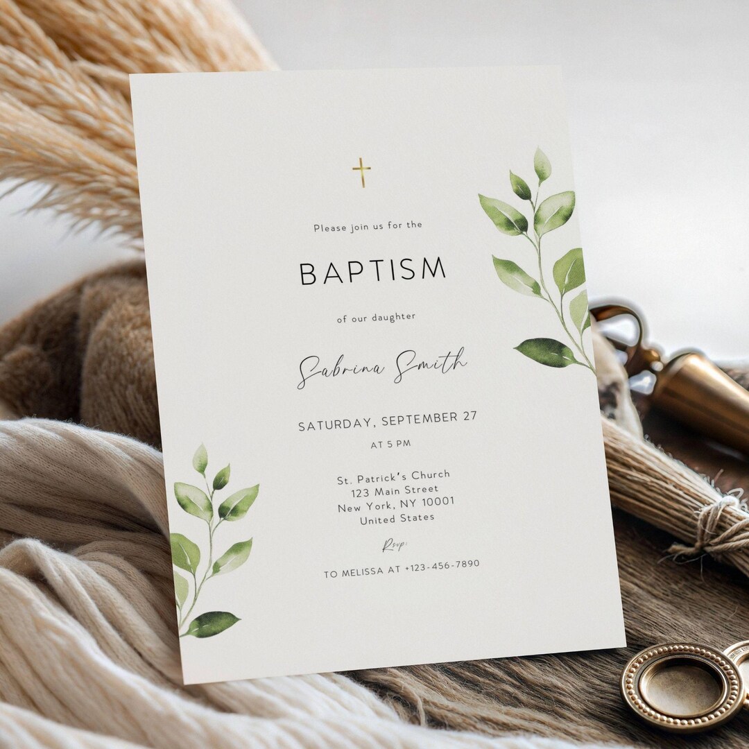 Simple Baptism Invitation Template: Minimal Eucalyptus Christening Card ...