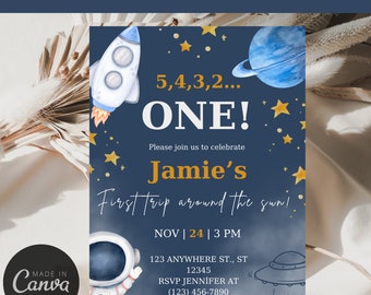 Editable First Trip Around the Sun Birthday Invitation, 1st Birthday Party Invite, Boy Space ...