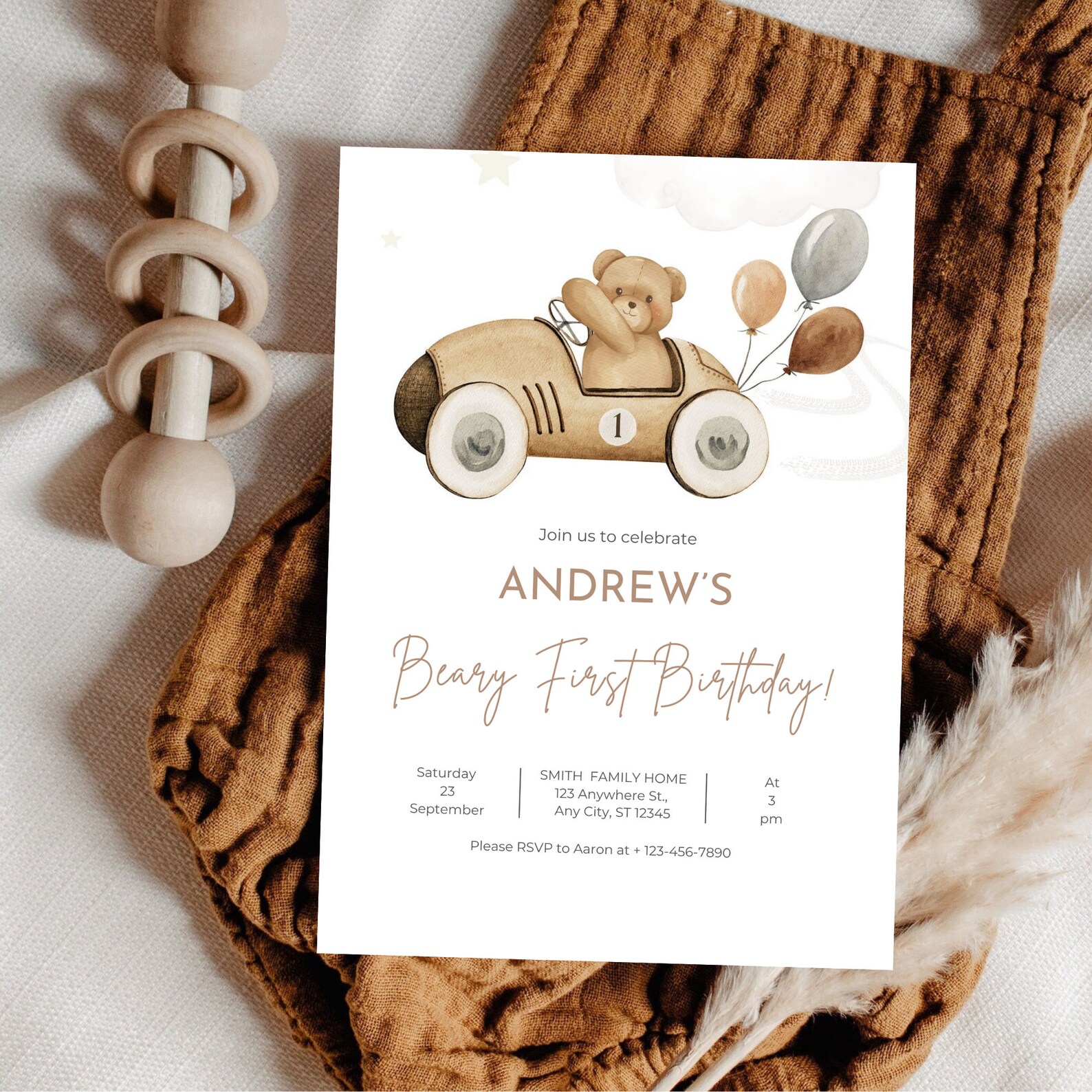 Beary First Birthday Invitation Template Printable Neutral Bear Invite ...