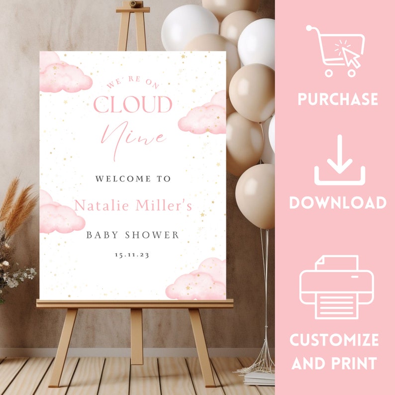 Cloud Nine Baby Shower Welcome Sign Printable Baby Shower Banner Pink ...