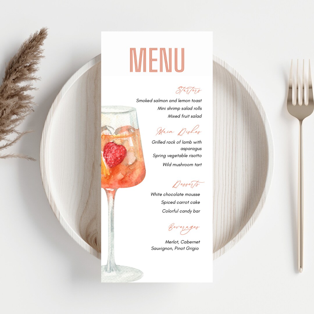 Printable Dinner Menu Card Template Love at First Spritz Menu Bridal ...