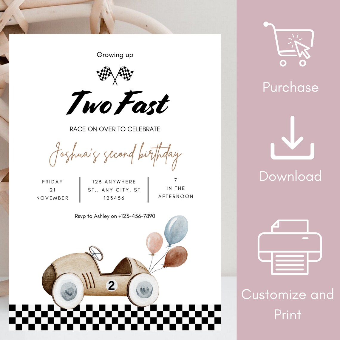 Two Fast Birthday Invitation Template Printable Second Birthday Card ...
