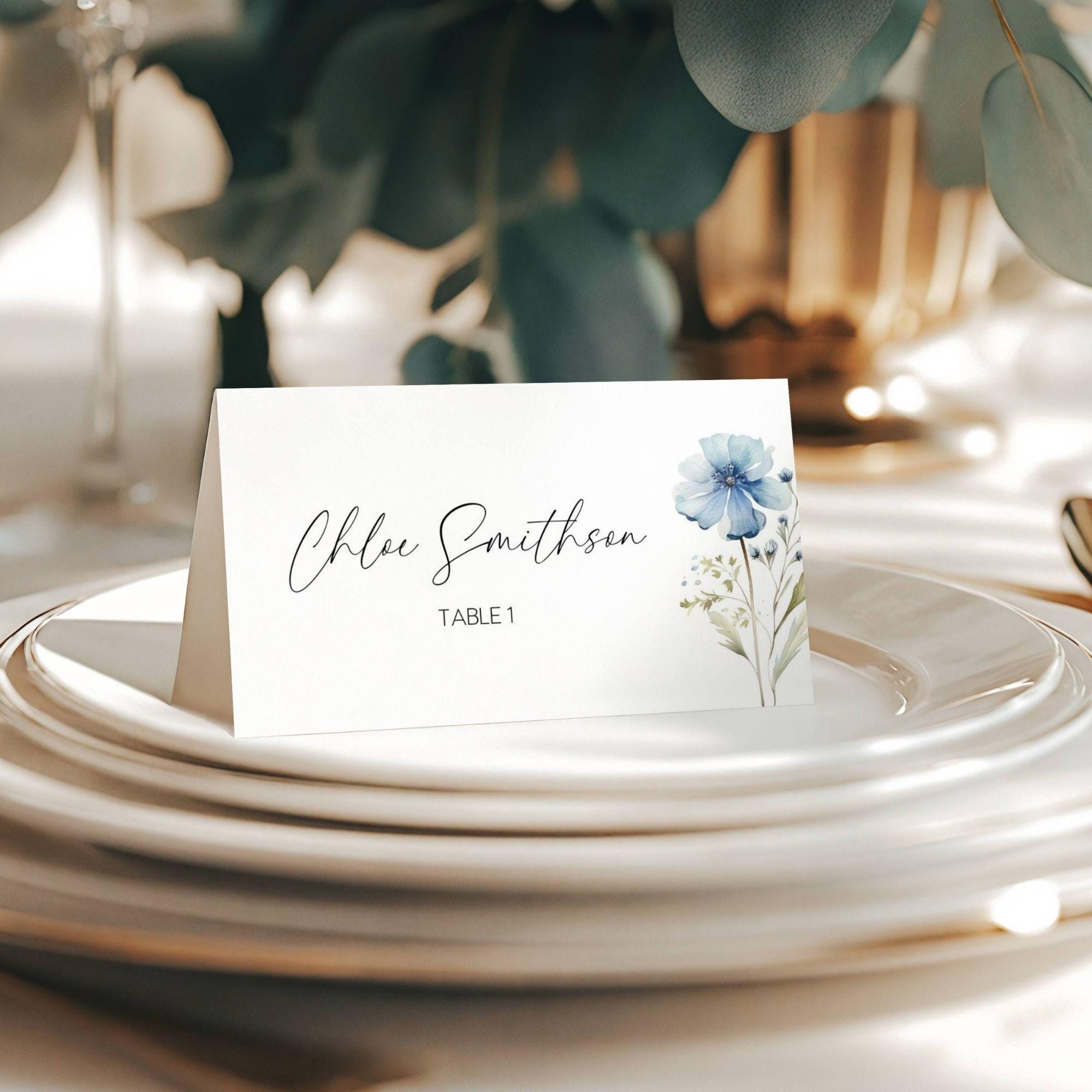 Blue Floral Place Card Template - Watercolor Name Card Editable Canva ...