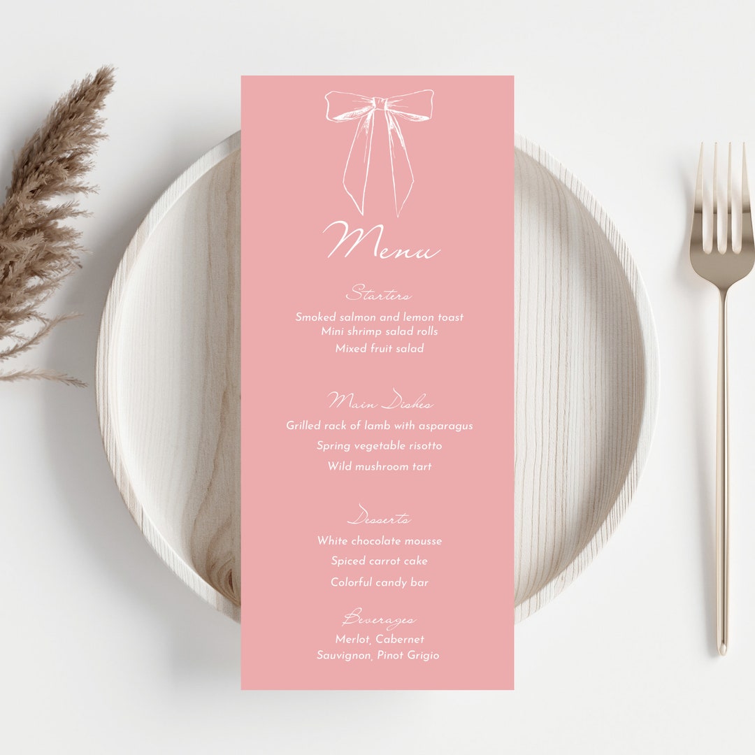 Printable Dinner Menu Card Template Pink Bow Menu Bridal Shower Table ...