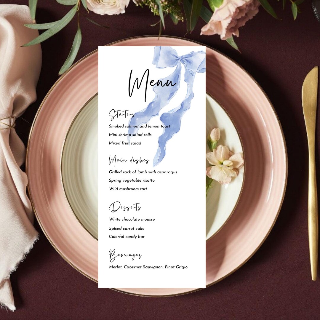 Printable Dinner Menu Card Template Blue Bow Menu Baby Shower Table ...