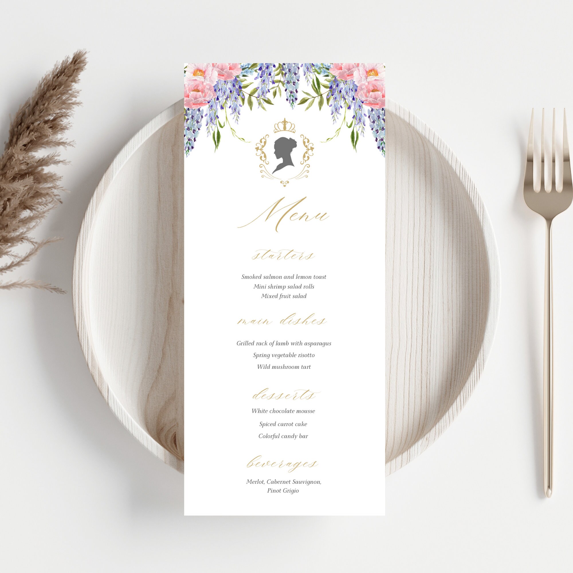 Printable Dinner Menu Card Template Victorian Floral Menu Bridal Shower ...