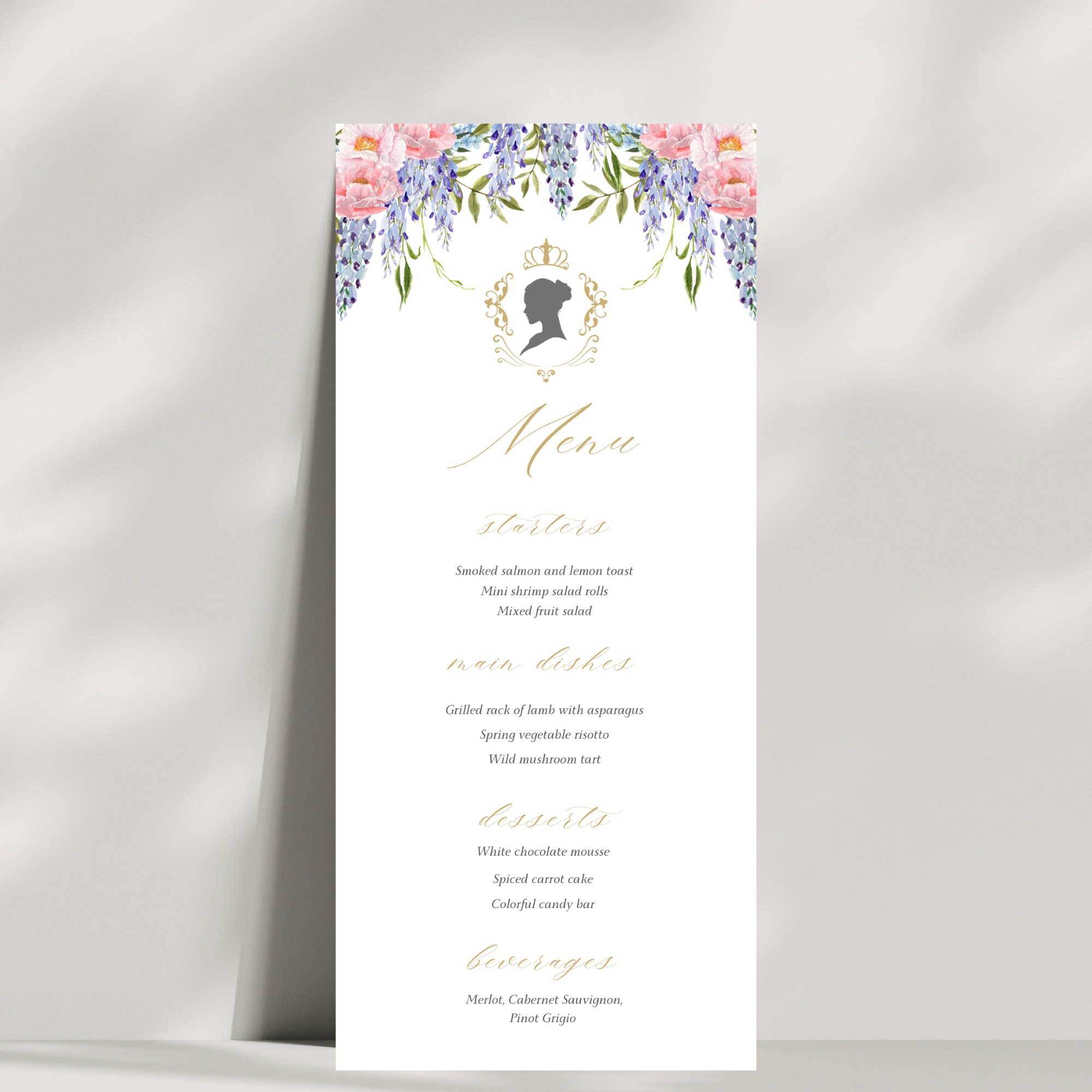 Printable Dinner Menu Card Template Victorian Floral Menu Bridal Shower ...