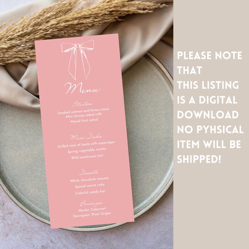 Printable Dinner Menu Card Template Pink Bow Menu Bridal Shower Table ...