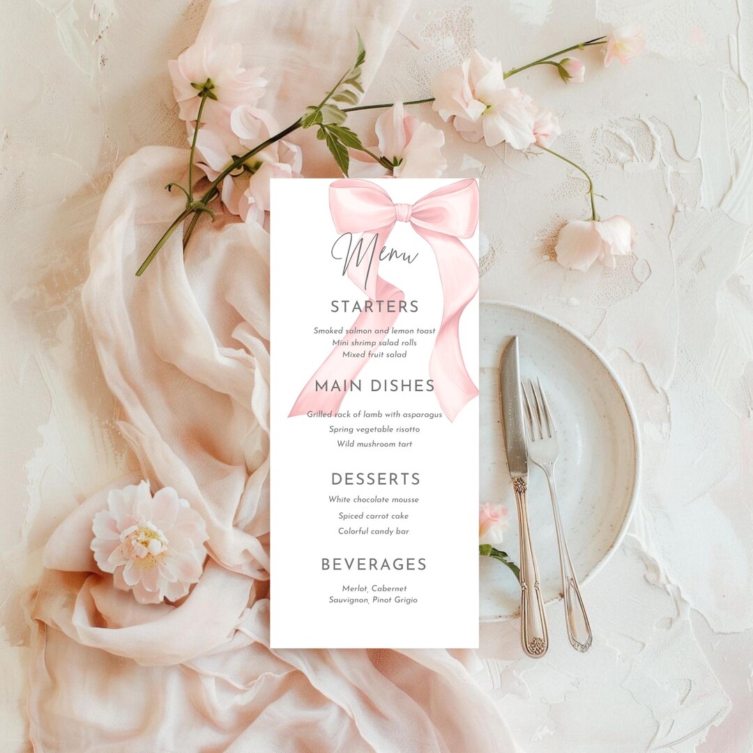 Printable Dinner Menu Card Template Pink Bow Menu Baby Shower Table ...