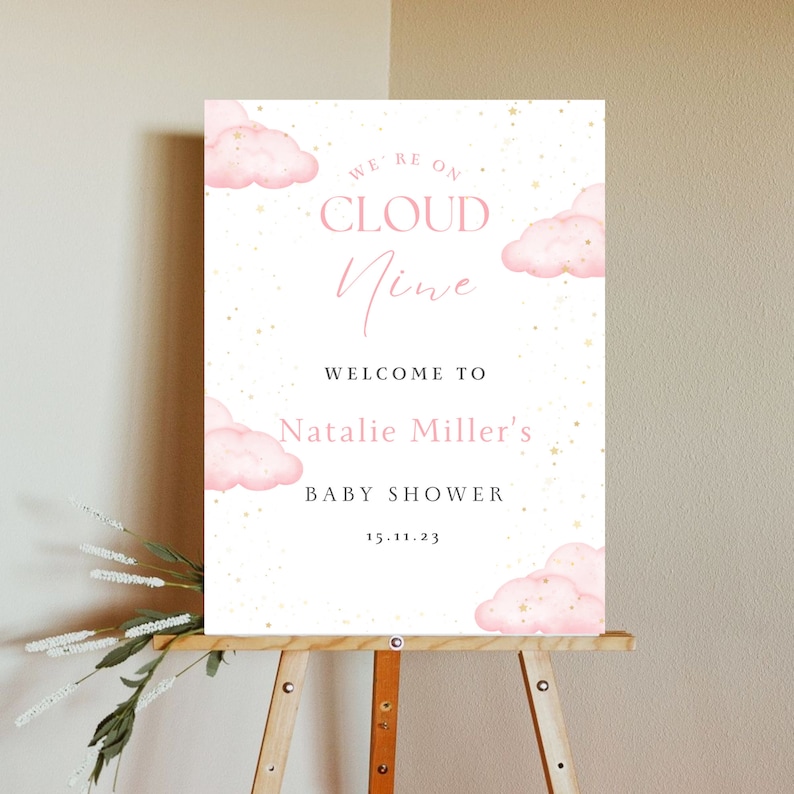 Cloud Nine Baby Shower Welcome Sign Printable Baby Shower Banner Pink ...