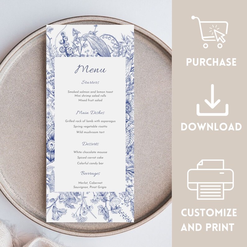 Printable Dinner Menu Card Template Vintage Blue Floral Menu Bridal ...