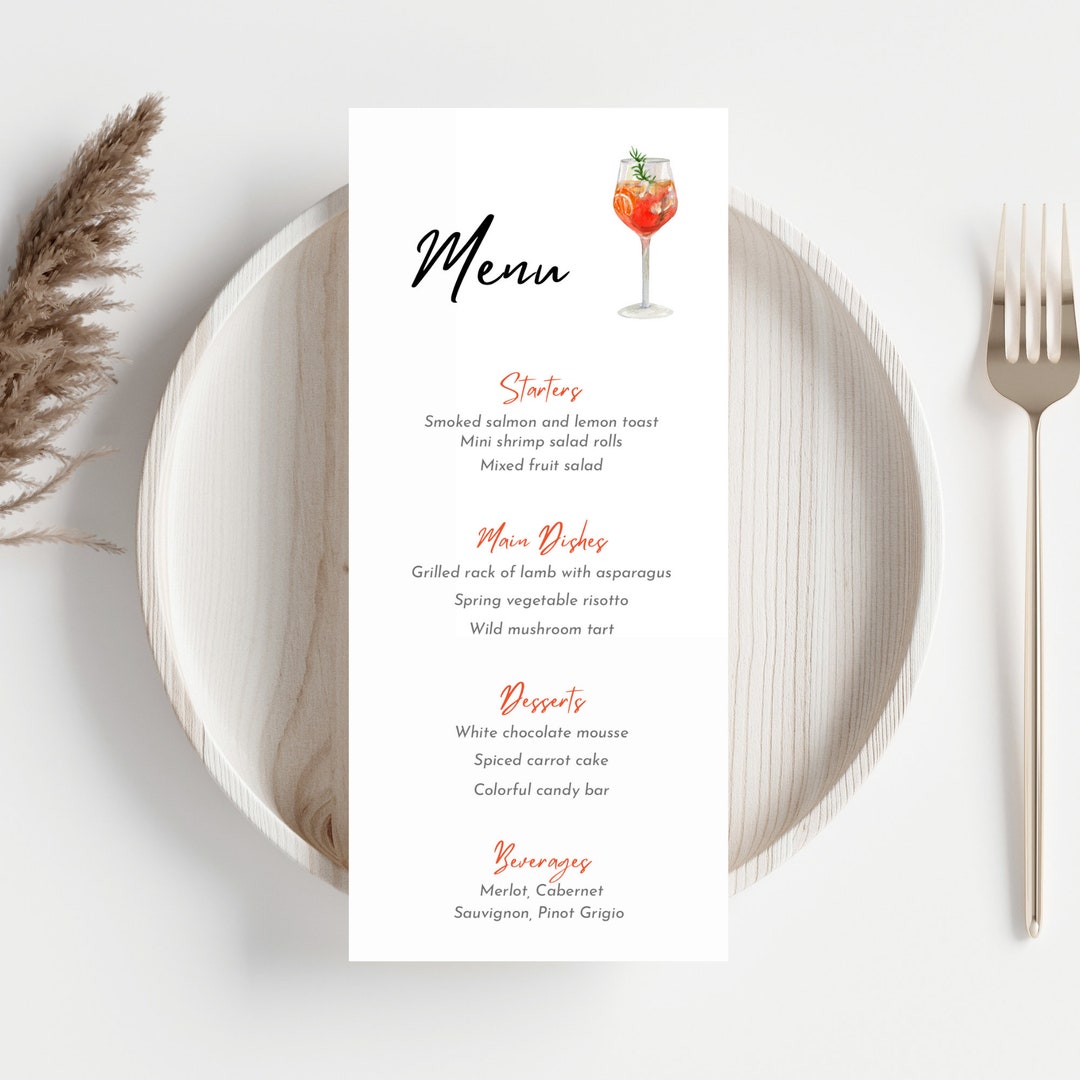 Printable Dinner Menu Card Template Love at First Spritz Menu Bridal ...